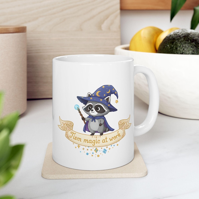 Tism Magic at Work Mug, Autism Pride Raccoon Wizard Mug, Neurodivergent ...