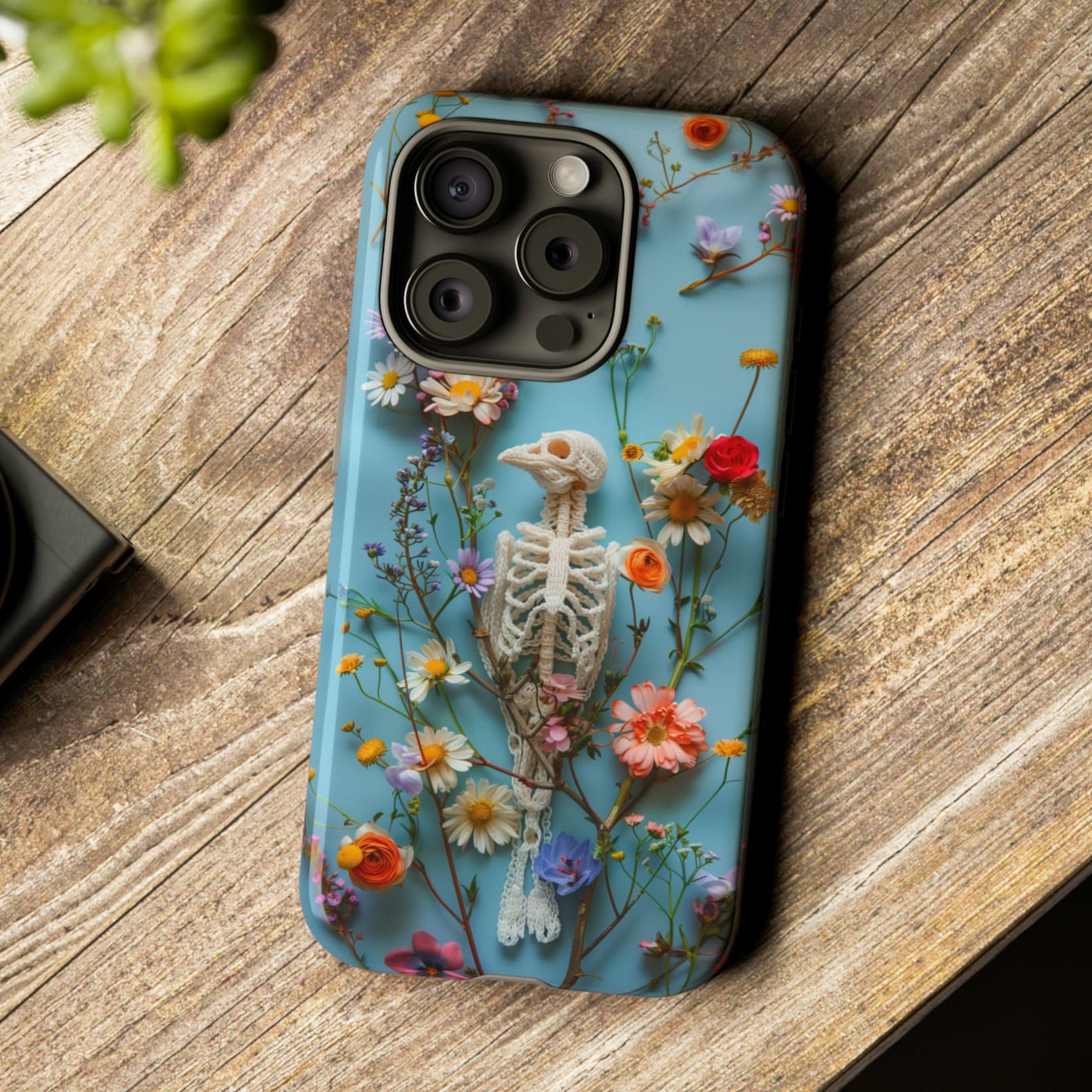 3D Illusion Embroidery Phone Case Cute Raven Skeleton and Flowers Phone ...