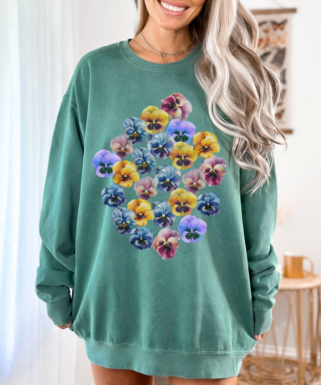 Pansy Floral Sweater Flowers Sweatshirt Comfort Colors Vintage Pressed ...