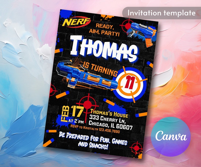 Dart Gun Party, Dart Wars Birthday Invitation, Editable Nerf Invite ...