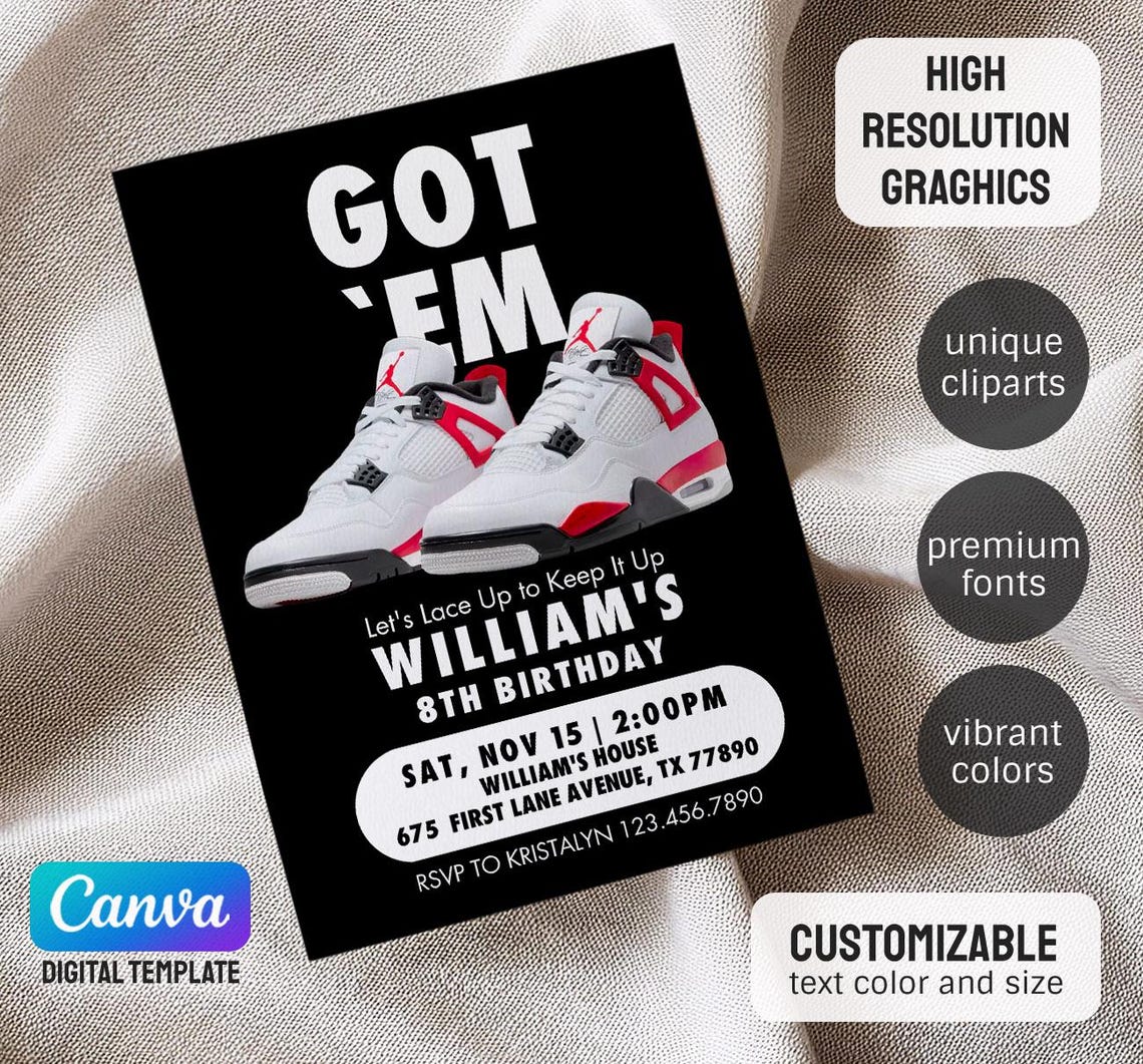 Sneaker Ball Birthday Invite, Printable Birthday Invitation, Editable ...