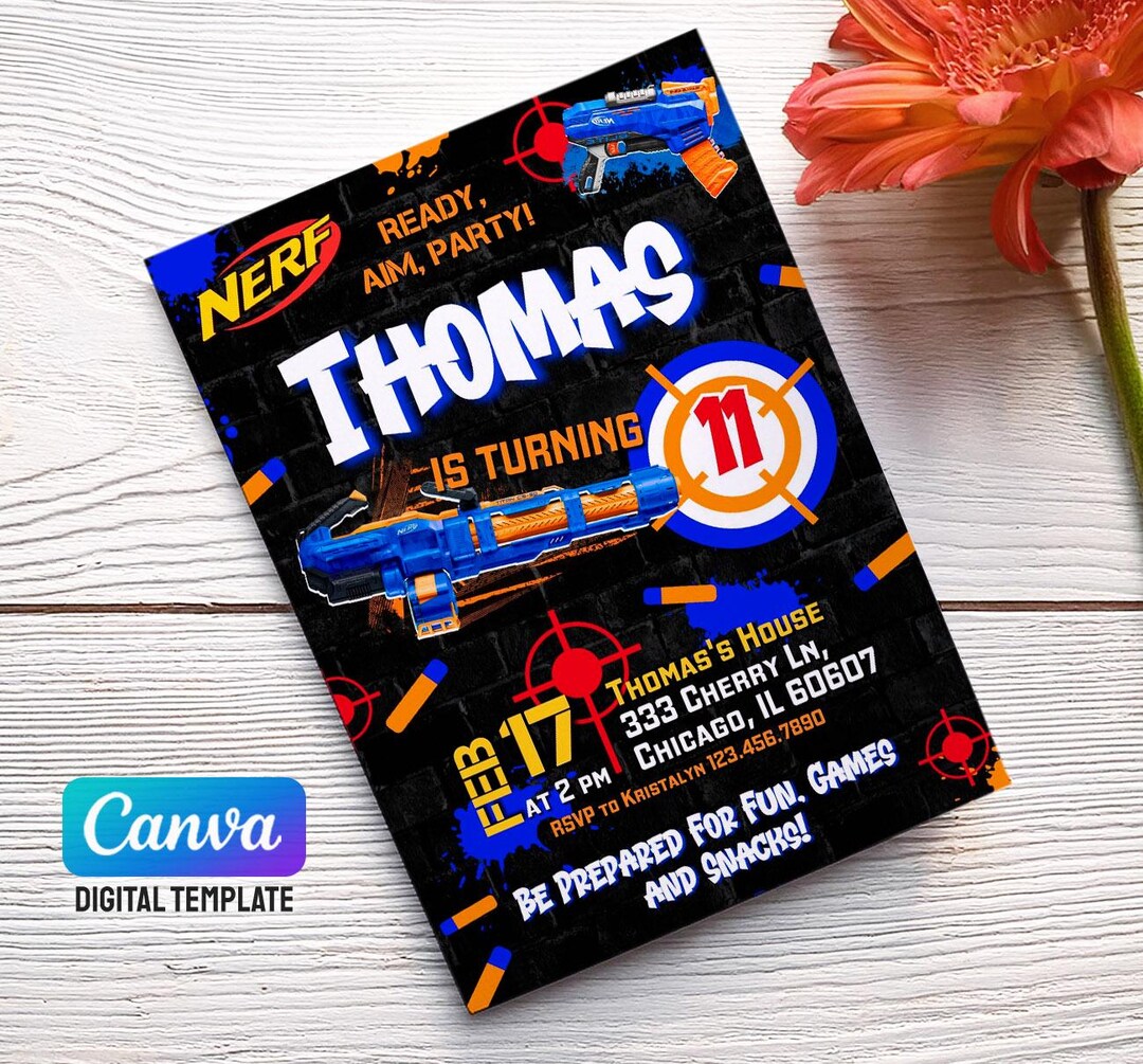 Dart Gun Party, Dart Wars Birthday Invitation, Editable Nerf Invite ...