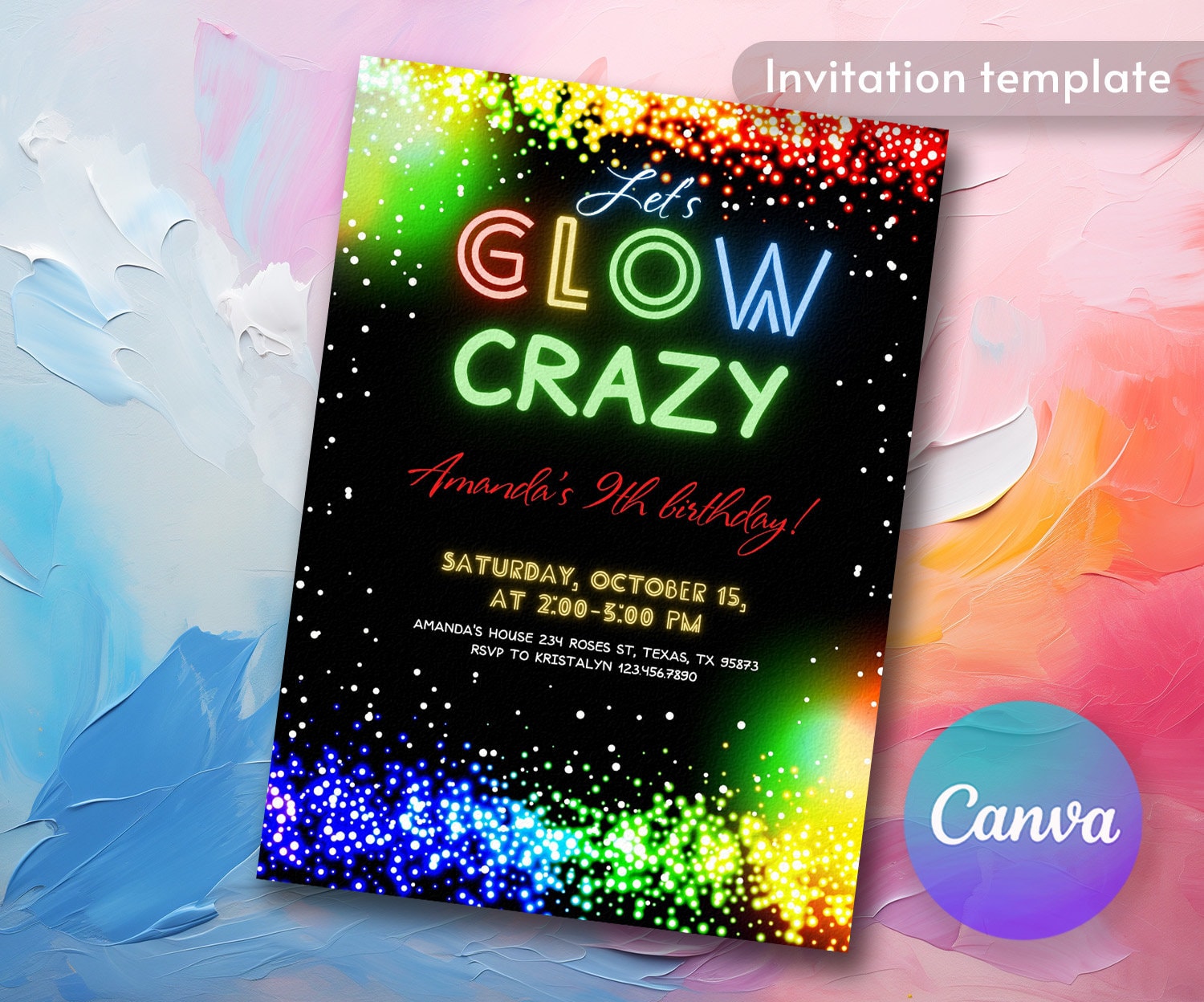 Printable Editable Glow Party Birthday Invitation, Glow Crazy Invite, Glow Party Template, Neon ...