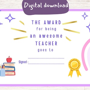Teacher Appreciation Week Printable Award |an Awesome Teacher Award ...