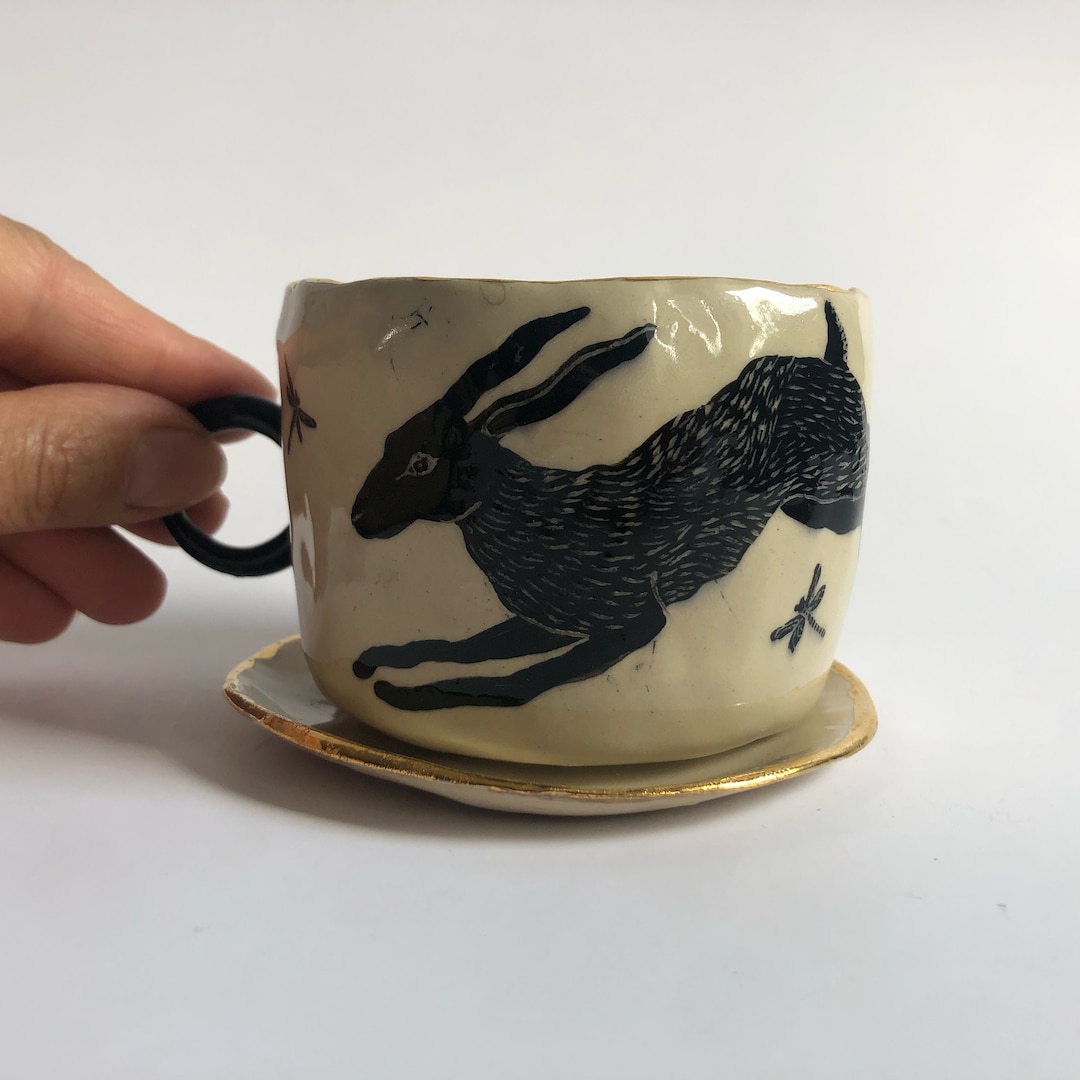 Hand-painted Hare Mug: Black & Gold Ceramic Coffee Cup - Etsy