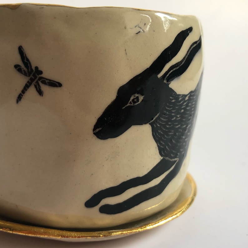 Hand-painted Hare Mug: Black & Gold Ceramic Coffee Cup - Etsy