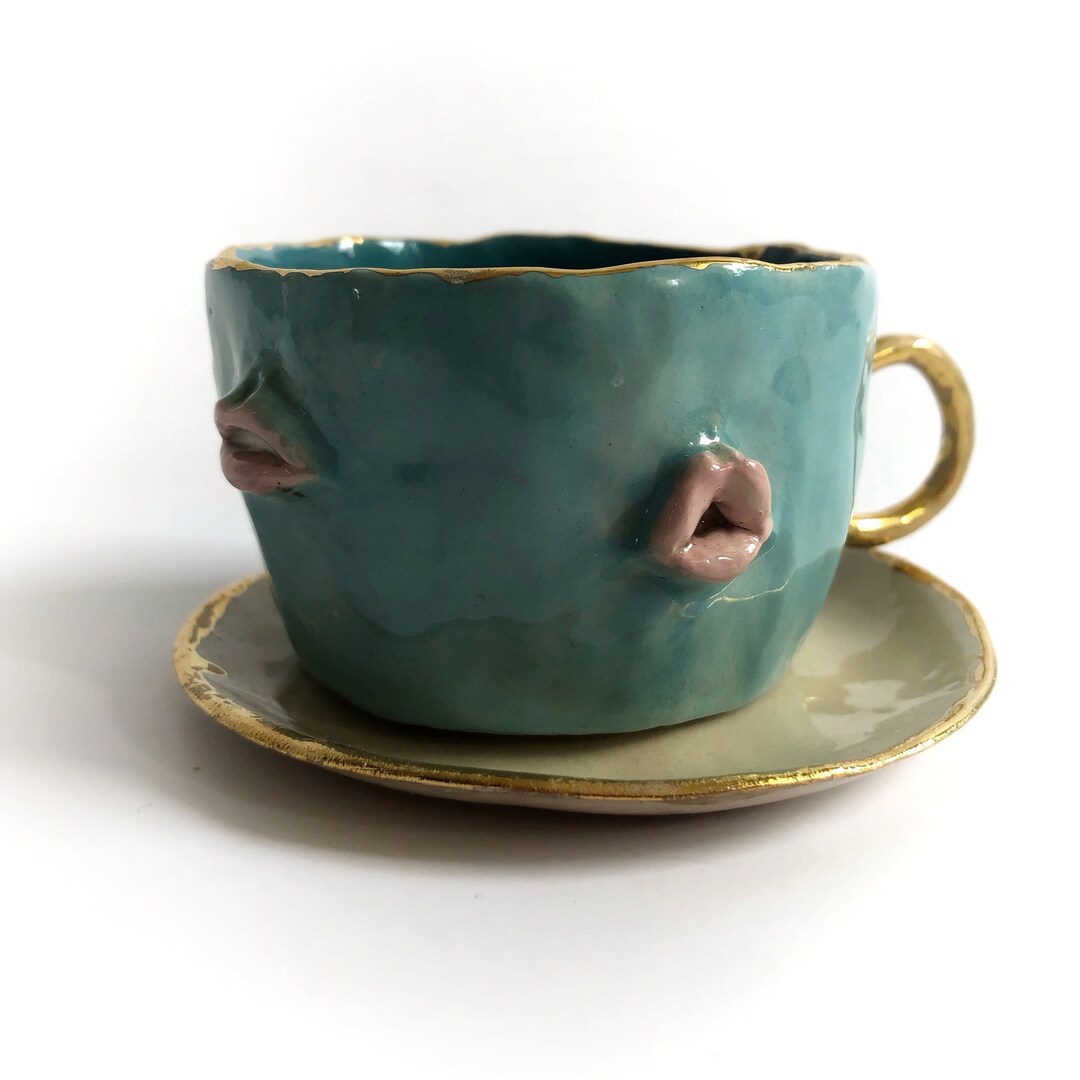Ceramic Mug With Pink Lips, Blue and Turquoise Mug, Espresso Cup With ...