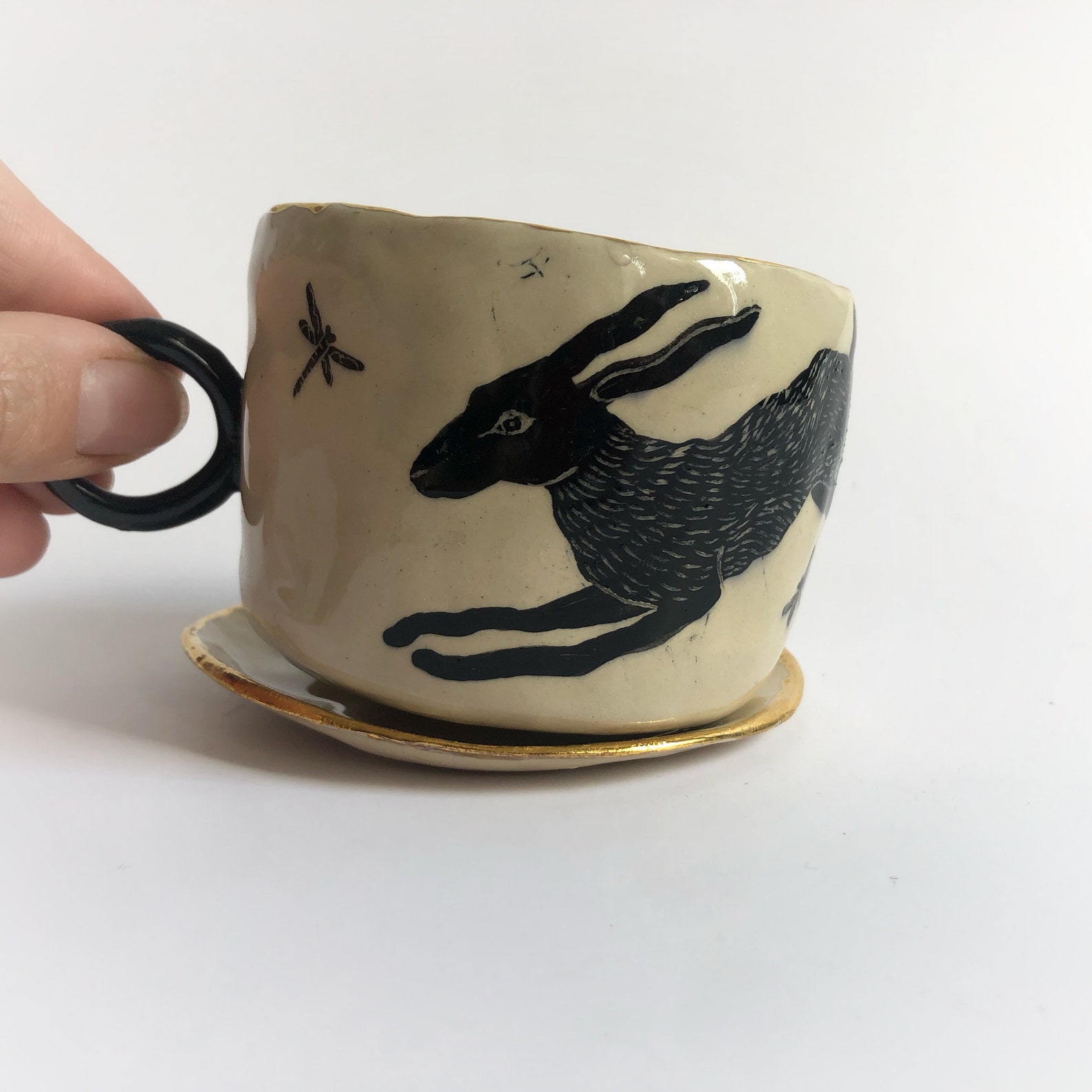 Hand-painted Hare Mug: Black & Gold Ceramic Coffee Cup - Etsy