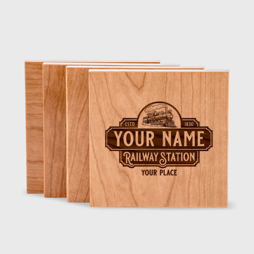 Custom Railway Station Coaster Set of 4, Personalized Engraved Cherry ...