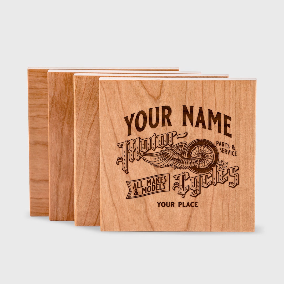 Custom Motorcycle Coaster Set of 4, Personalized Engraved Cherry Wood ...