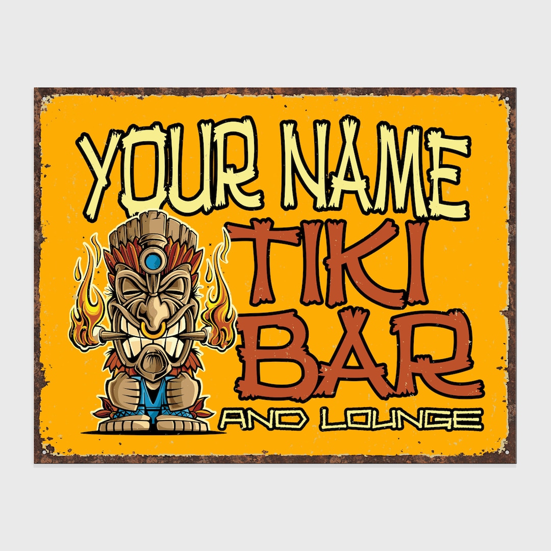 Custom Tiki Bar Tin Sign, Personalized Printed Lounge Sign, Tiki Statue ...