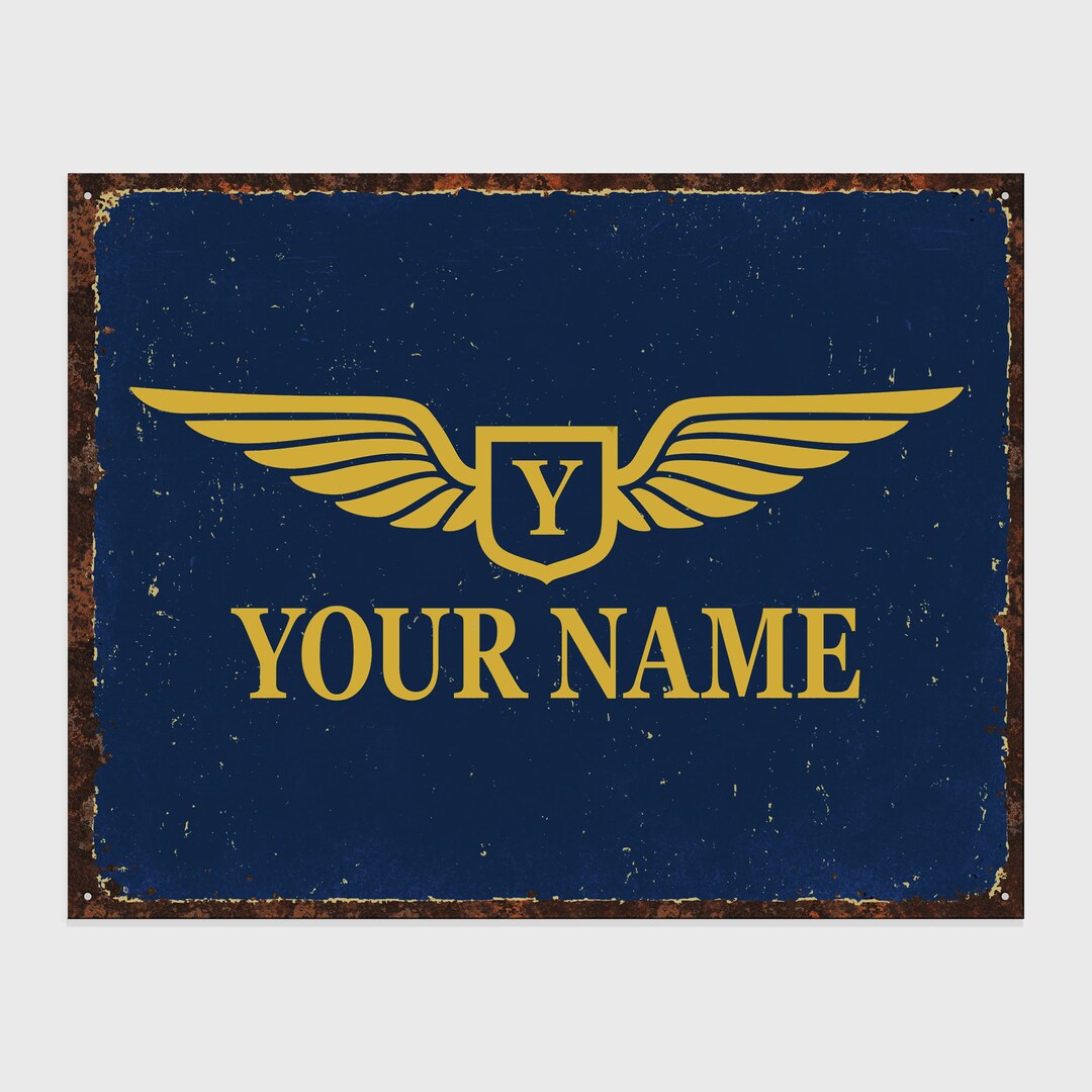 Custom Aviation Sign, Personalized Printed Tin Wall Art, Wings Shield ...