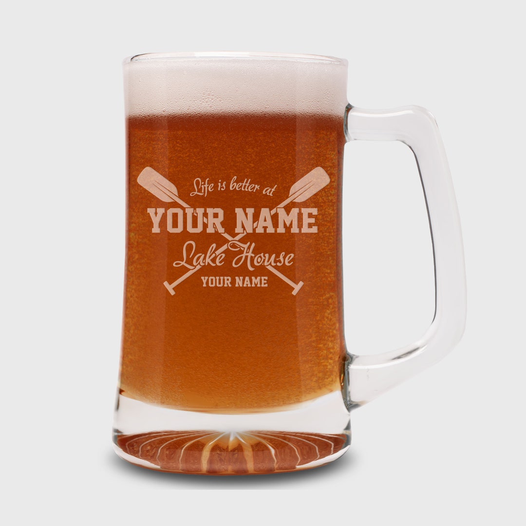 Custom Lake House Beer Mug, Personalized 25 Oz Engraved Single, Crossed ...