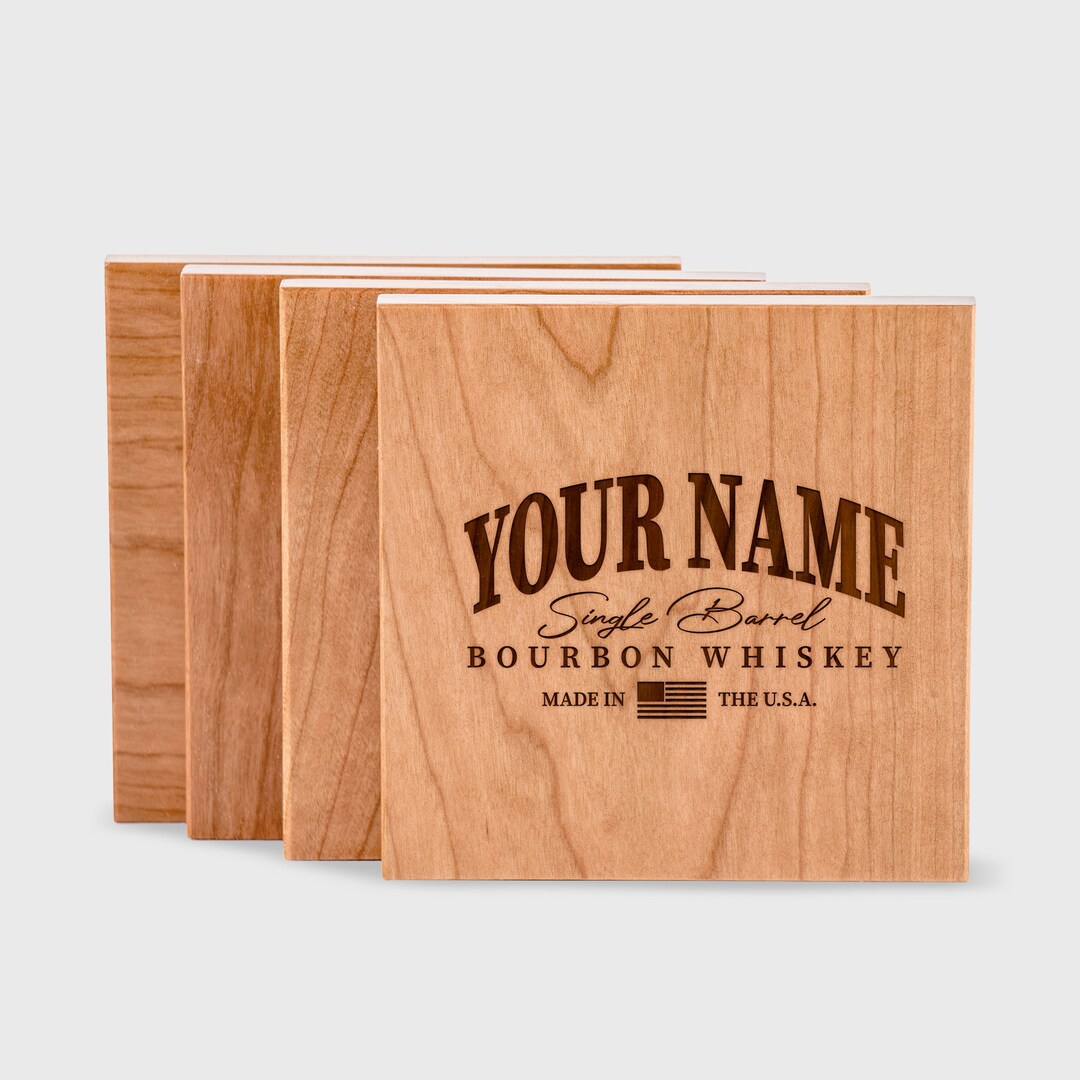 Custom Bourbon Coasters Set of 4, Personalized Engraved Cherry Wood ...