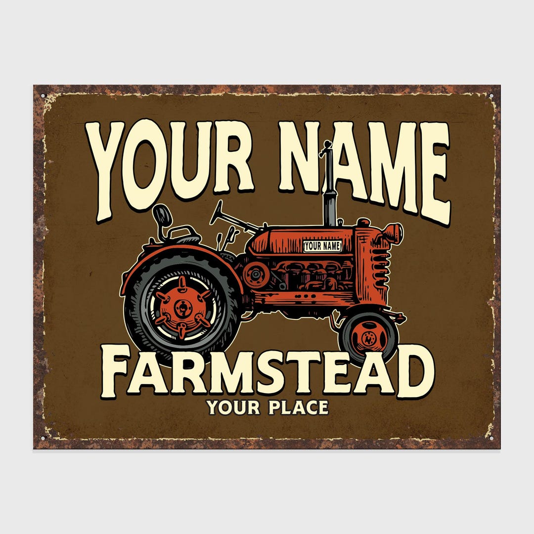 Custom Farmstead Tin Sign, Personalized Printed Sign, Red Tractor ...