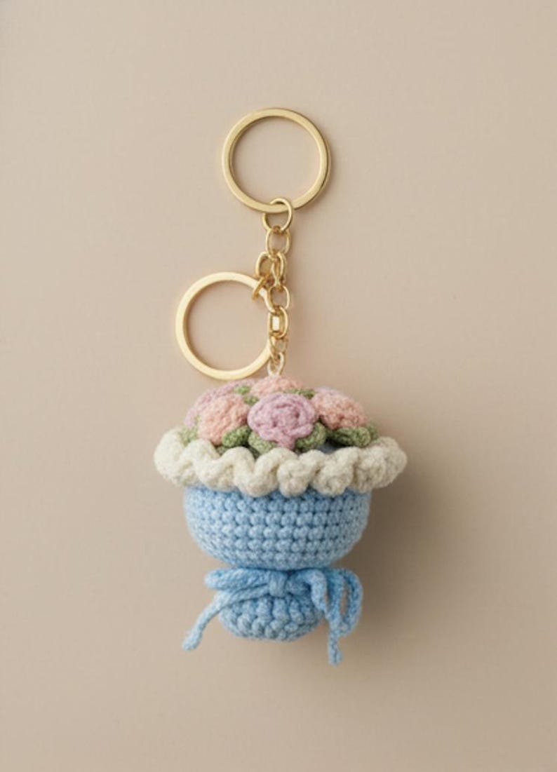 Crochet Flower Bouquet Keychain | Handmade Mini Floral Bag Charm - Etsy
