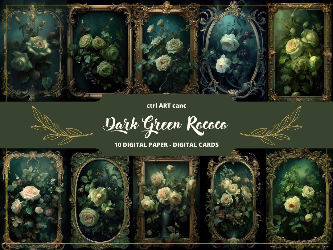Dark Green Rococo Roses Printable, Dark Rose Printable, Journal Kit ...