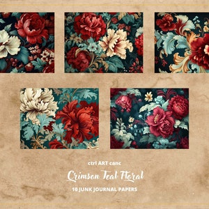 Red Floral Junk Journal Kit Printable Floral Paper Red Paper for ...
