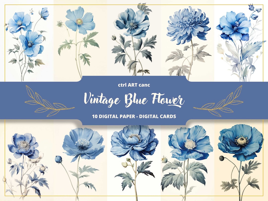 Blue Flowers Image Blue Digital Paper Blue Floral Printable Ephemera ...