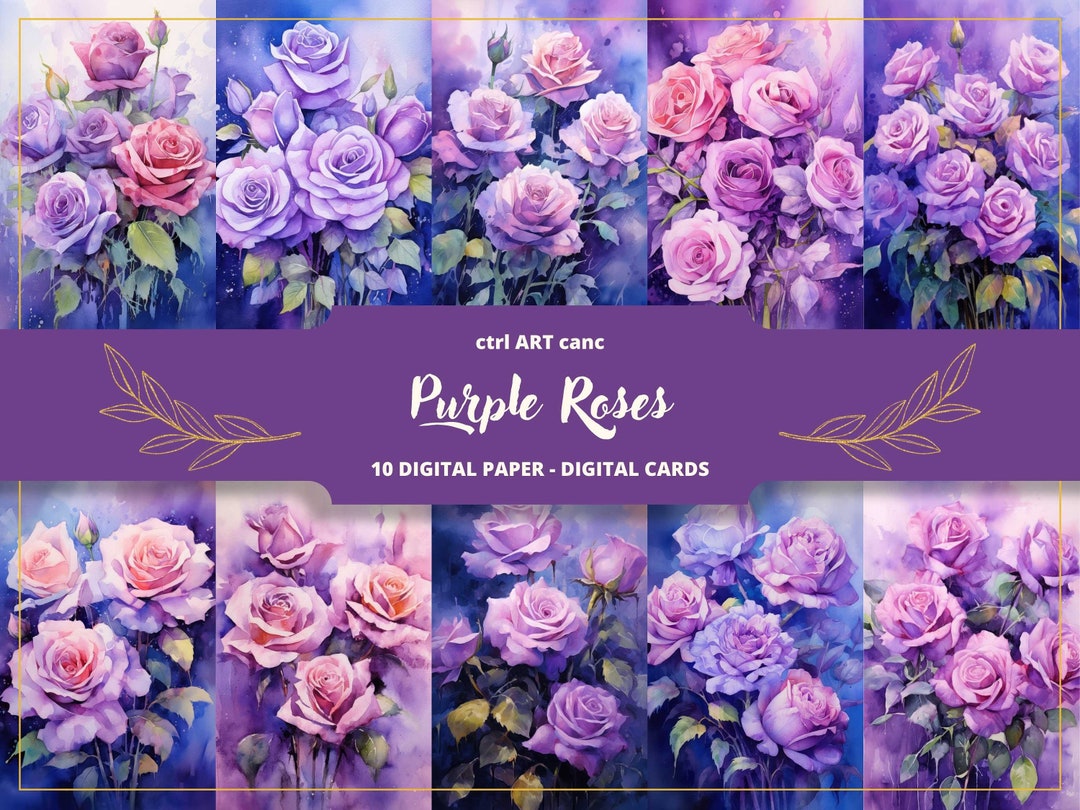 Purple Roses Bouquet Printable, Watercolor Purple Roses Digital Paper ...
