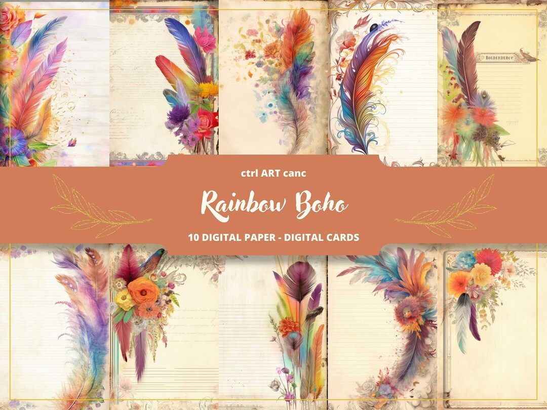 Rainbow Boho Printable, Boho Digital Paper, Feather Digital Paper ...