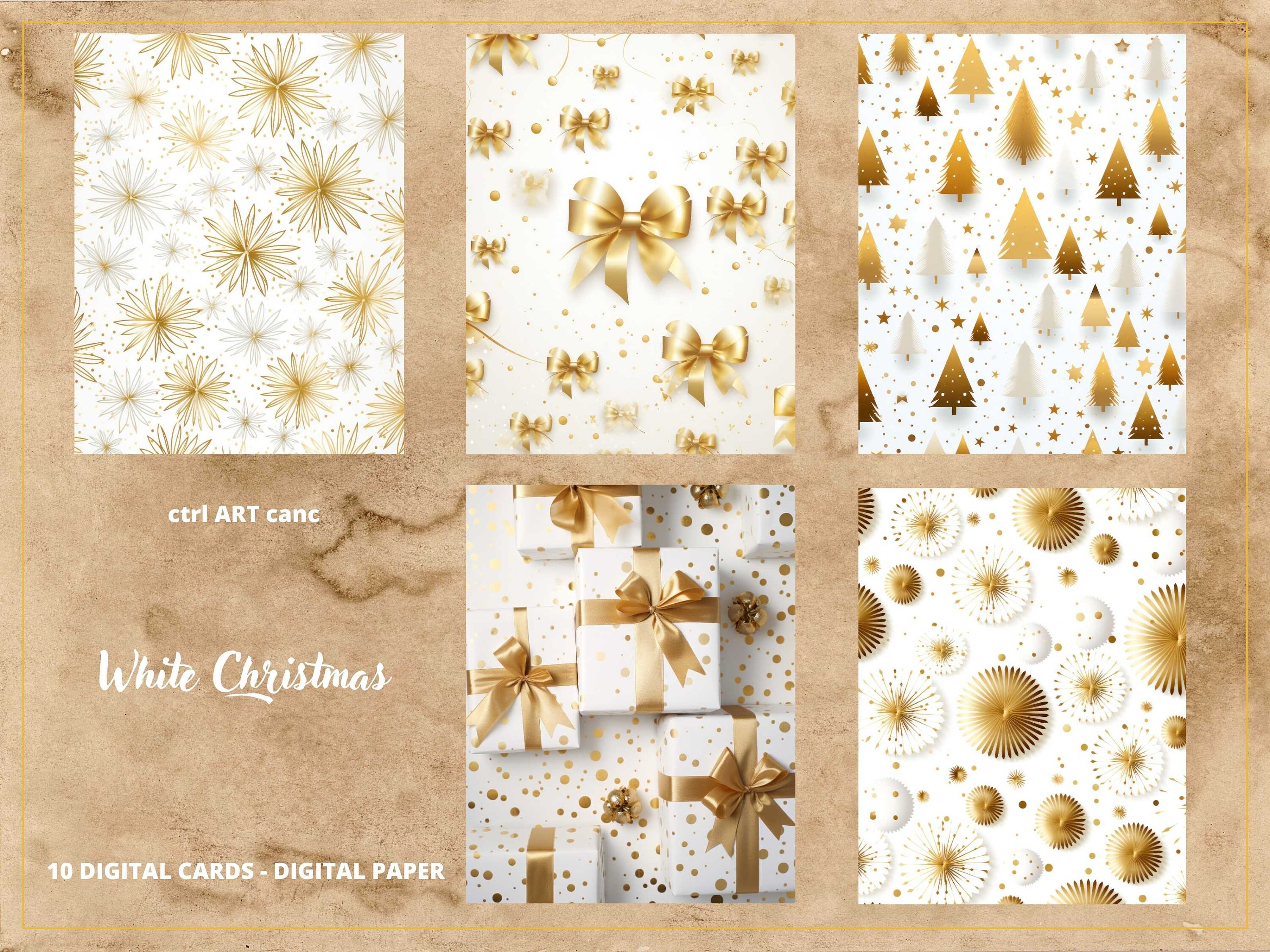 Christmas Digital Paper for Christmas Wrapping Gold Paper White Digital ...