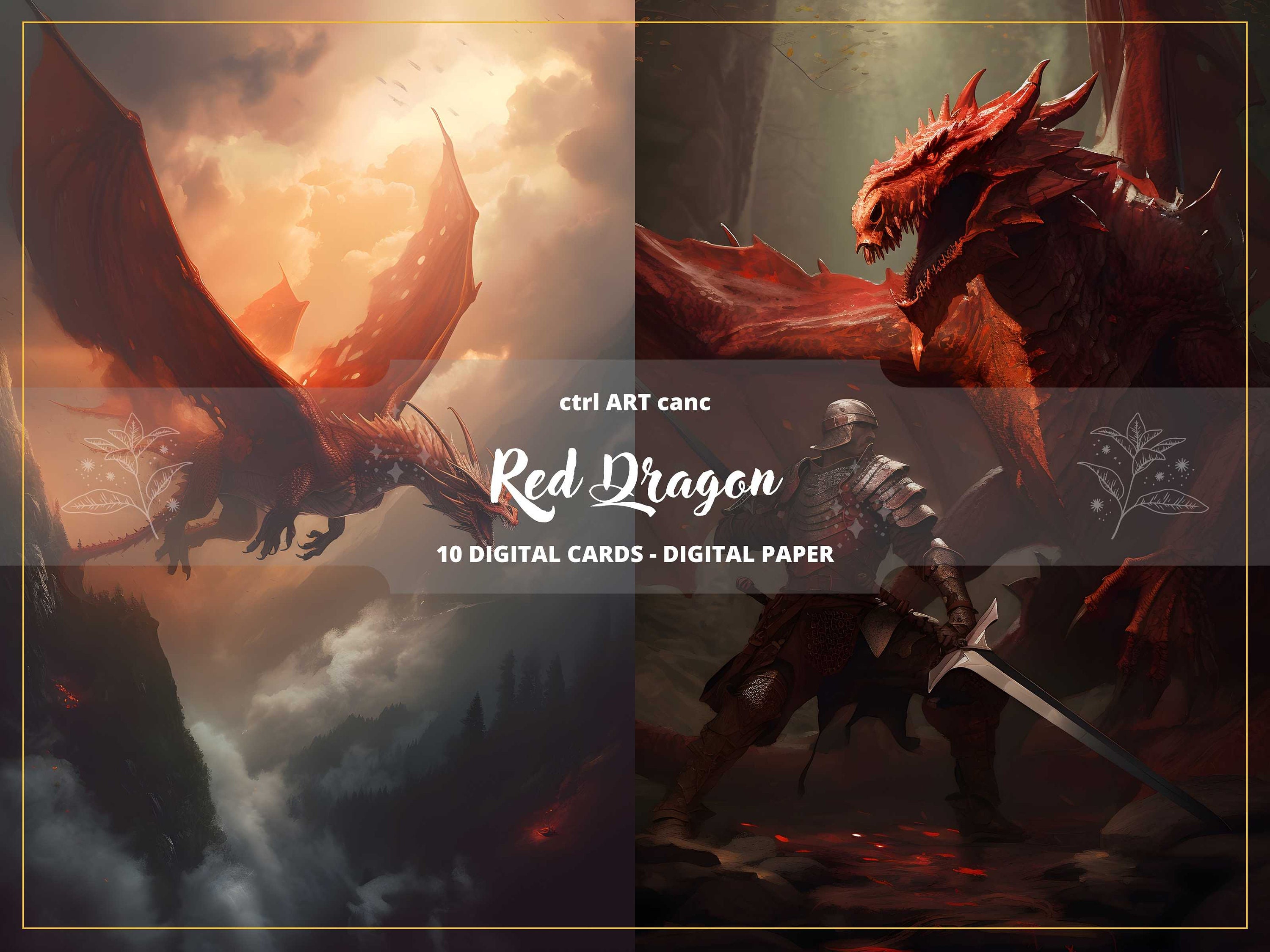 10 Red Dragon Digital Paper Red Dragon Cards Fire Dragon - Etsy