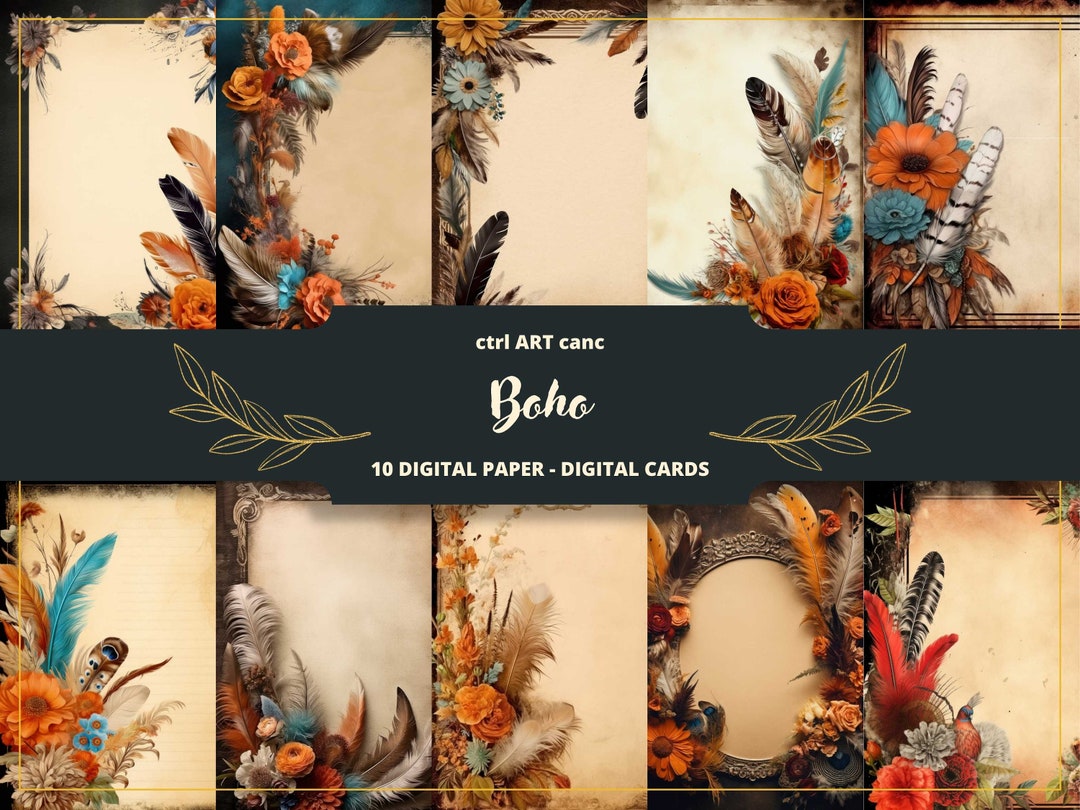 Boho Printable, Boho Digital Paper, Feather Digital Paper, Floral Paper ...