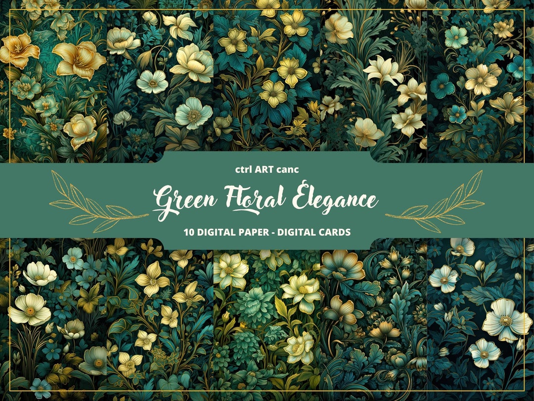 Green Gold Digital Paper, Floral Scrapbook Background, Elegant Junk ...