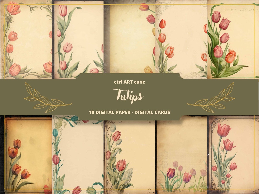 10 Tulips Printable Vintage Paper, Digital Paper, Tulip Flowers, Junk ...