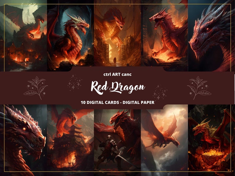 10 Red Dragon Digital Paper Red Dragon Cards Fire Dragon - Etsy