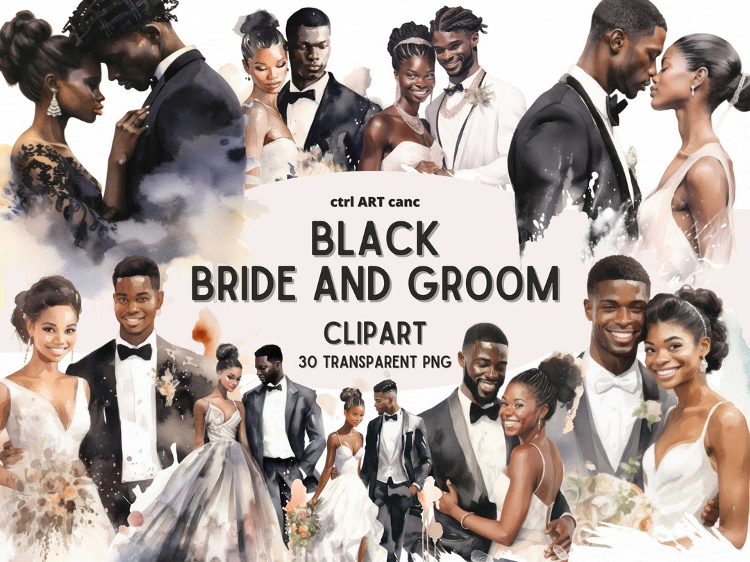 Black Bride and Groom Clipart, Wedding Watercolor Clipart, Afro Wedding ...