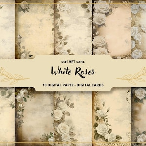 10 White Roses Printable, Old Paper, White Roses, Roses Digital Paper ...