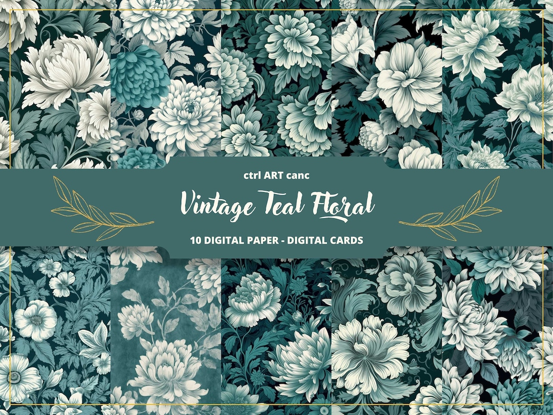 Vintage Teal Floral Printable, Dark Teal Floral Paper, Journal Kit ...