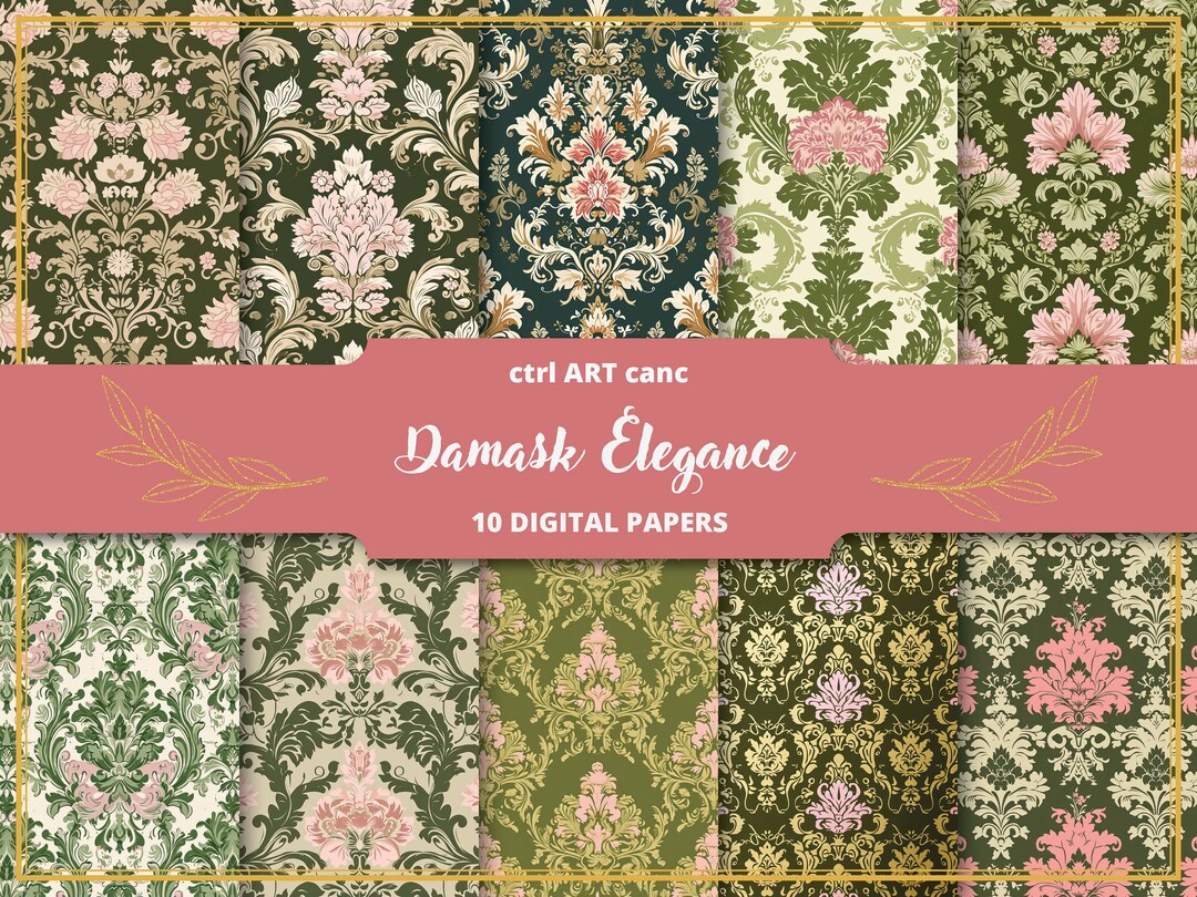 Green Damask Digital Paper: Printable Scrapbook Kit (JPEG Files) - Etsy