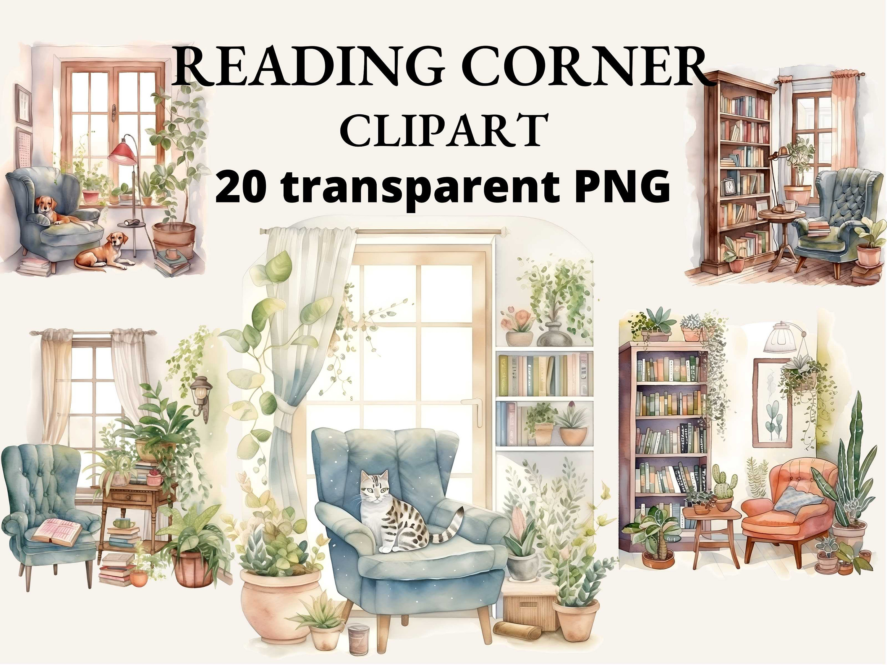 20 Reading Corner Clip Art Watercolor Books Cozy Reading - Etsy