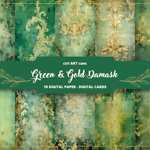 Tattered Green and Gold Damask Printable, Green & Gold Paper, Journal ...
