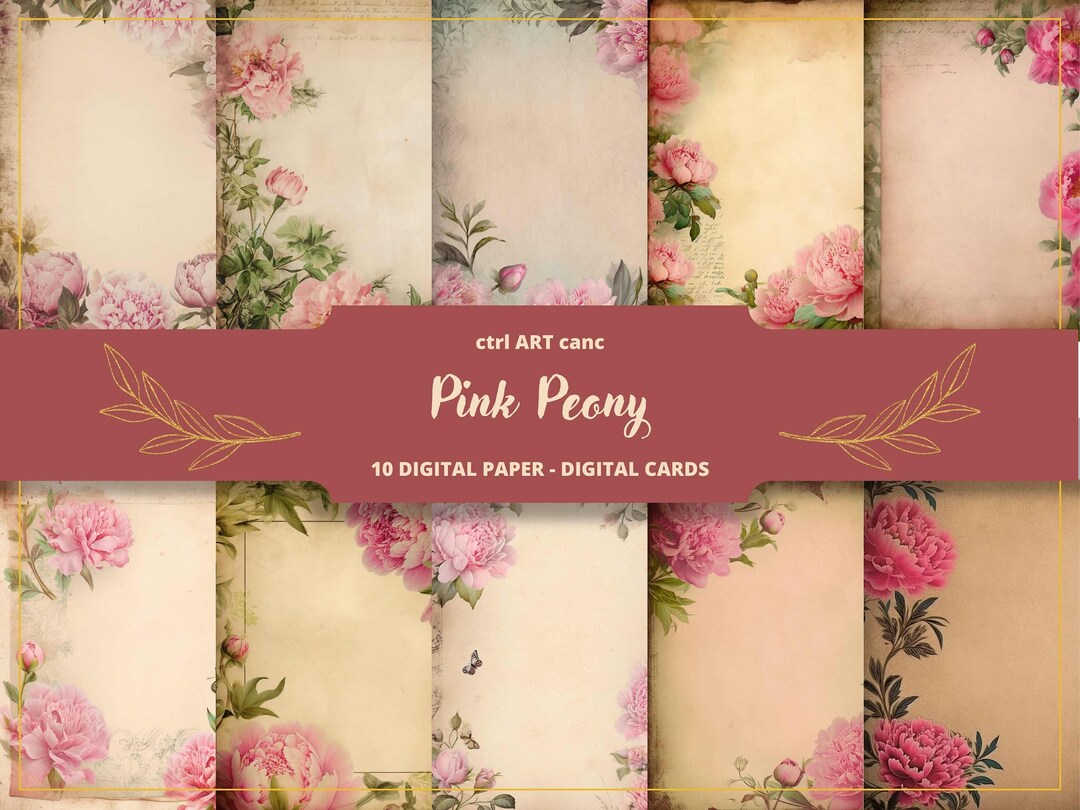 10 Pink Peony Junk Journal, Peonia Flowers Digital Paper, Journal Page ...