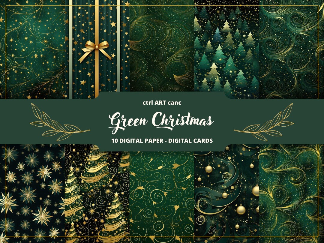 Green & Gold Christmas Digital Paper, Christmas Wrapping Paper, Junk ...