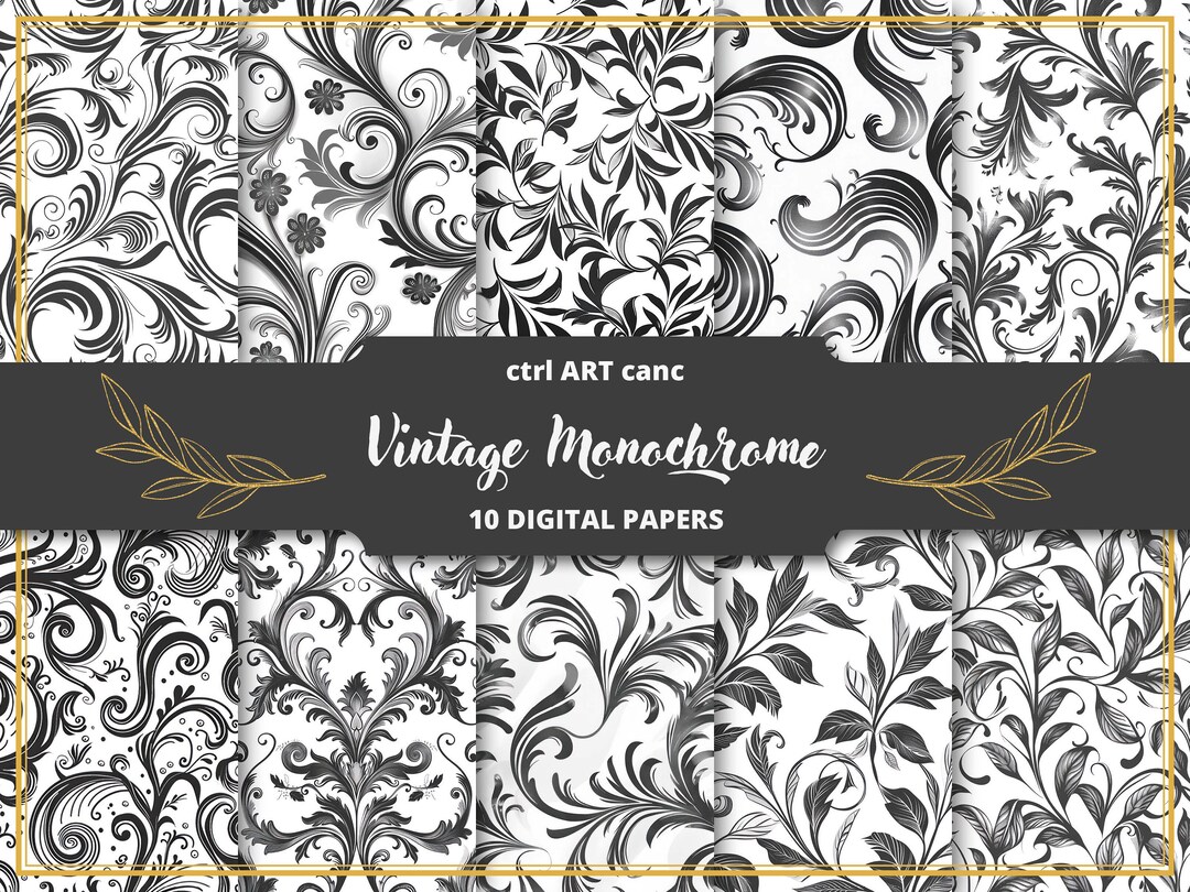 Vintage Black & White Floral Digital Paper: Seamless Junk Journal Kit ...