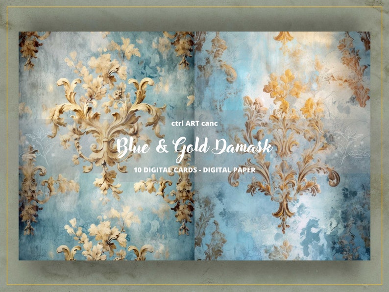 Blue and Gold Damask Printable Paper: Tattered Journal Kit (digital ...