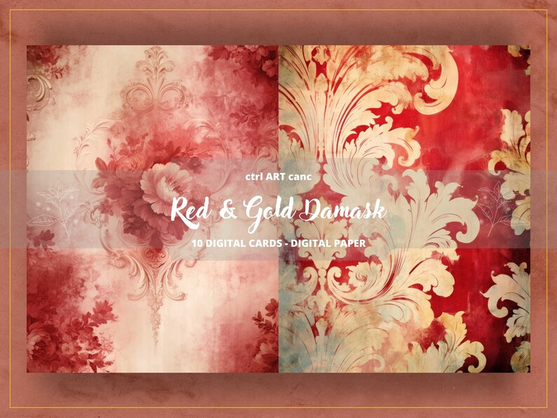 Red and Gold Damask Printable Paper: Tattered Floral Scrapbook (digital ...