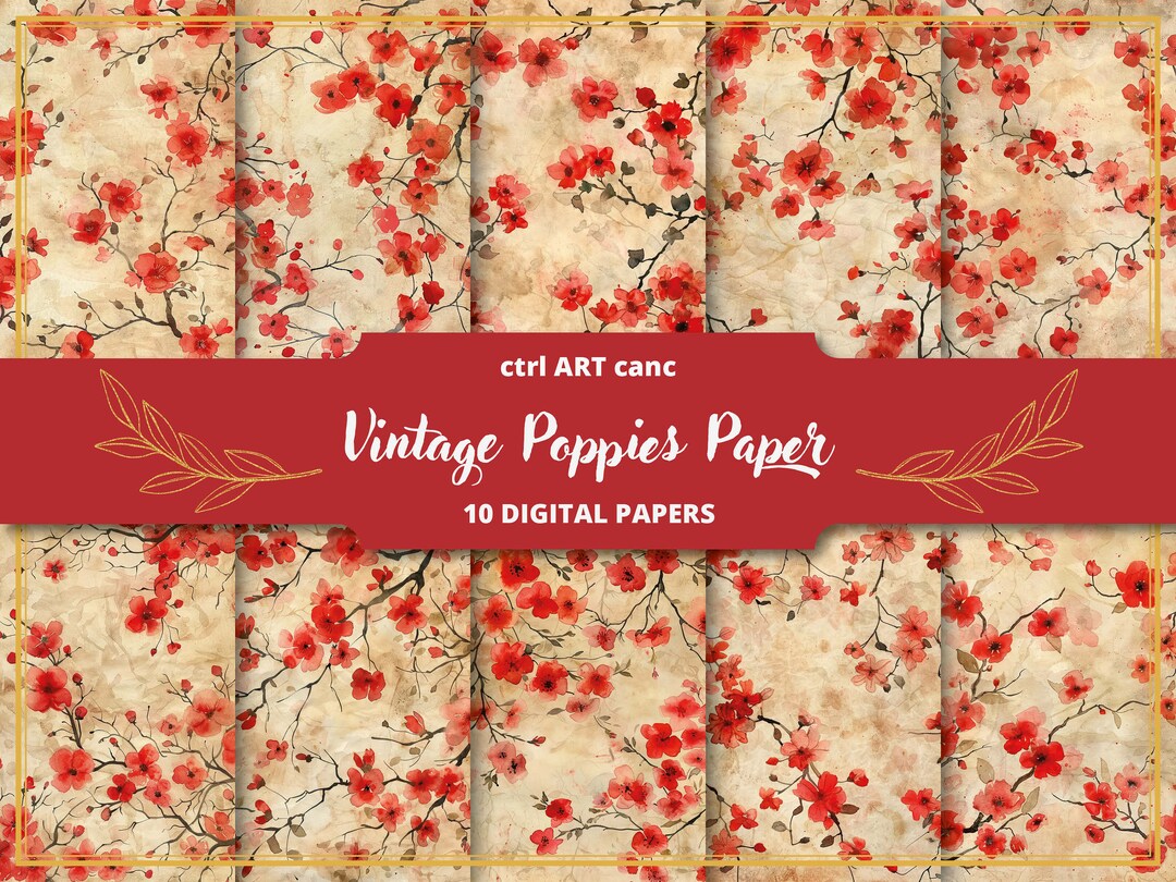 Vintage Watercolor Red Floral Wall Art Junk Journal Digital Paper for ...