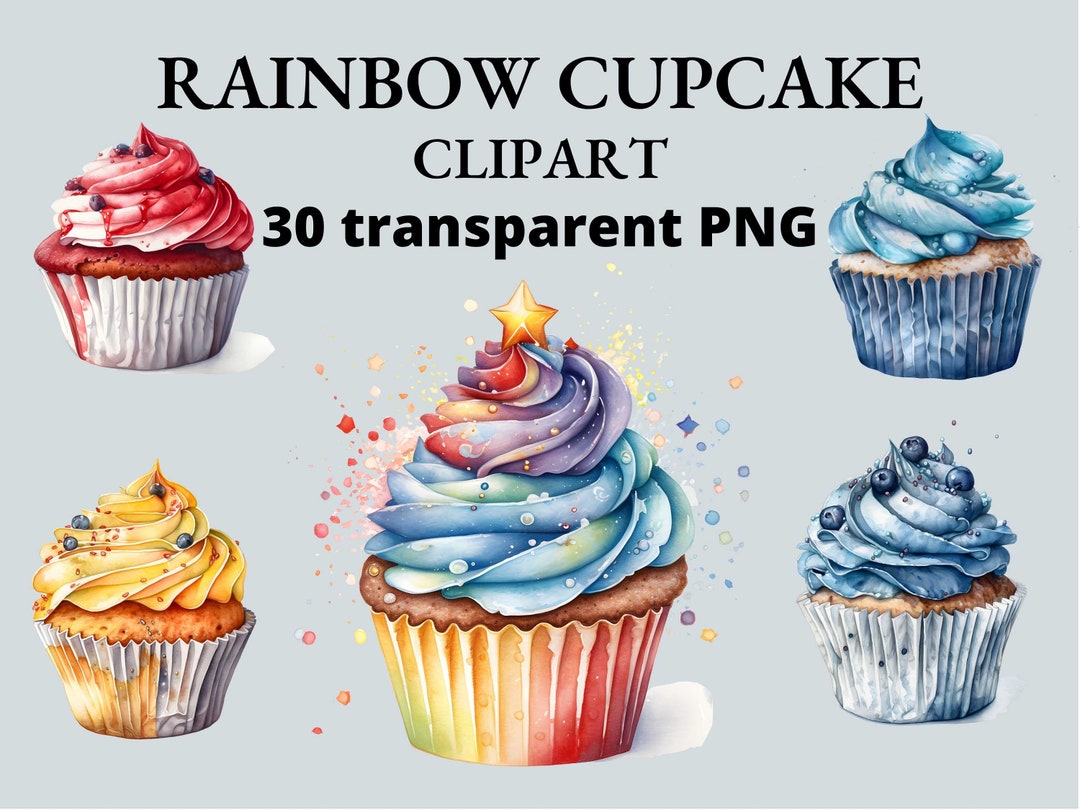 30 Rainbow Cupcake Clipart, Watercolor Cupcake, Cupcake Birthday ...