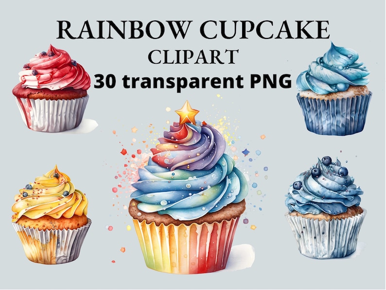 30 Rainbow Cupcake Clipart Watercolor Cupcake Cupcake - Etsy