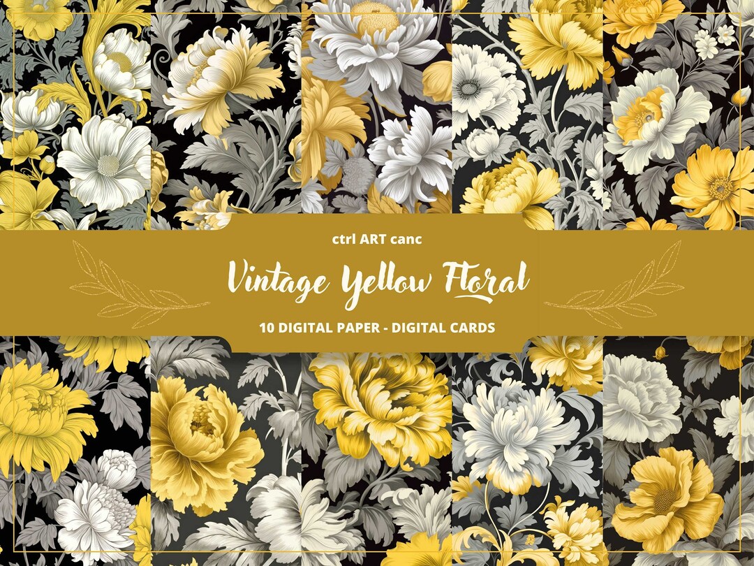 Vintage Yellow Floral Printable, Dark Yellow Floral Paper, Journal Kit ...
