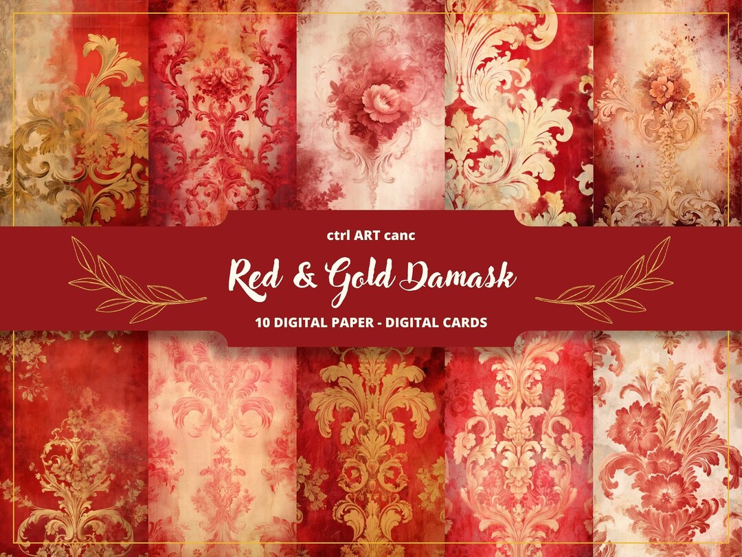 Red and Gold Damask Printable Paper: Tattered Floral Scrapbook (digital ...