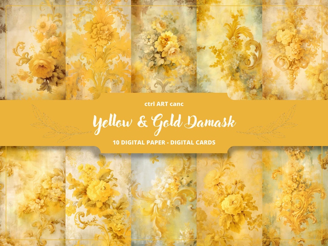 Tattered Yellow and Gold Damask Printable, Yellow & Gold Paper, Journal ...