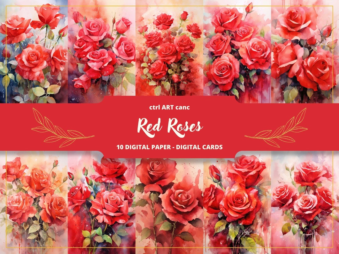 Red Roses Bouquet Printable, Watercolor Red Roses Digital Paper ...