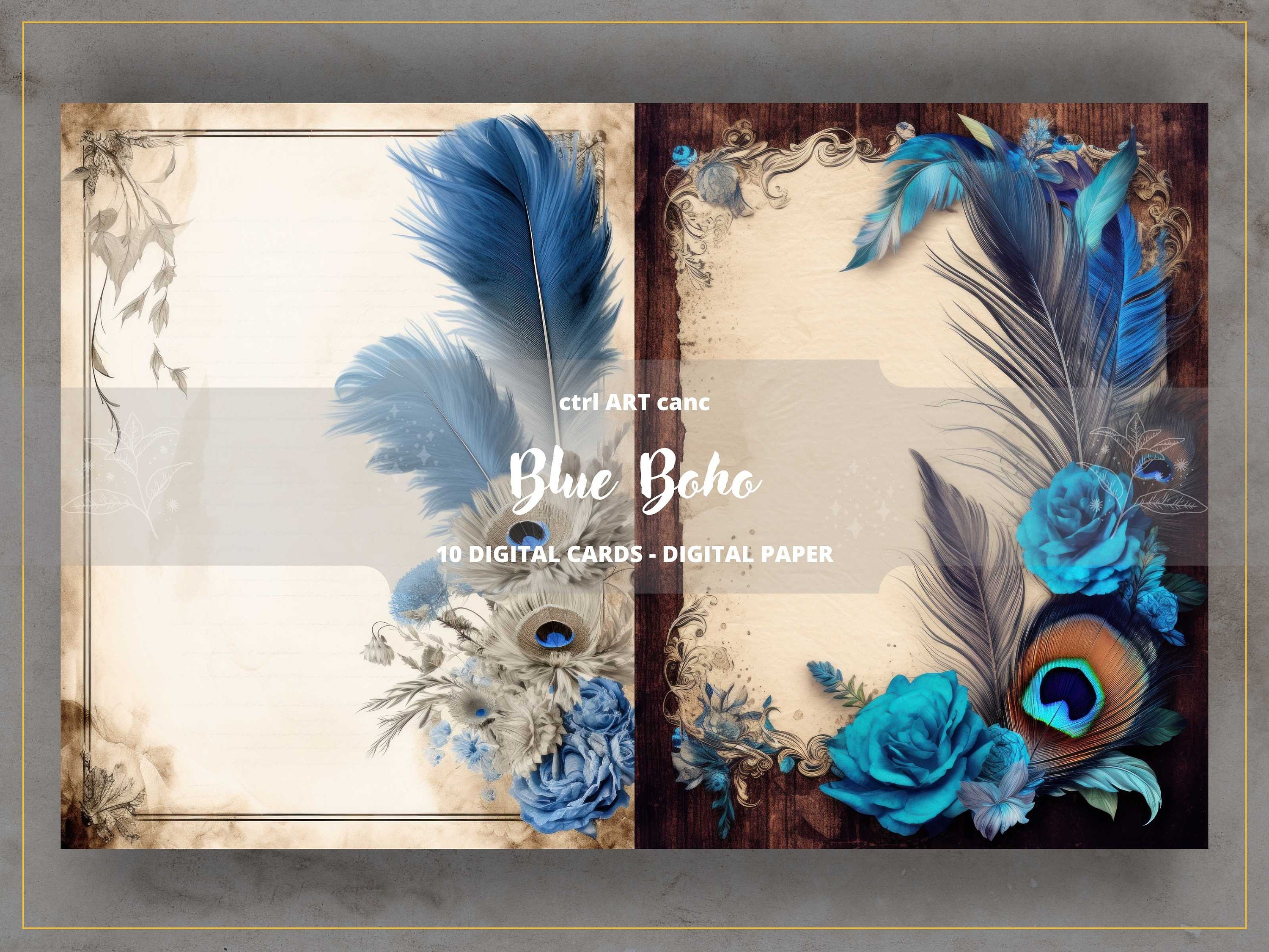 Blue Boho Printable Boho Digital Paper Feather Digital - Etsy